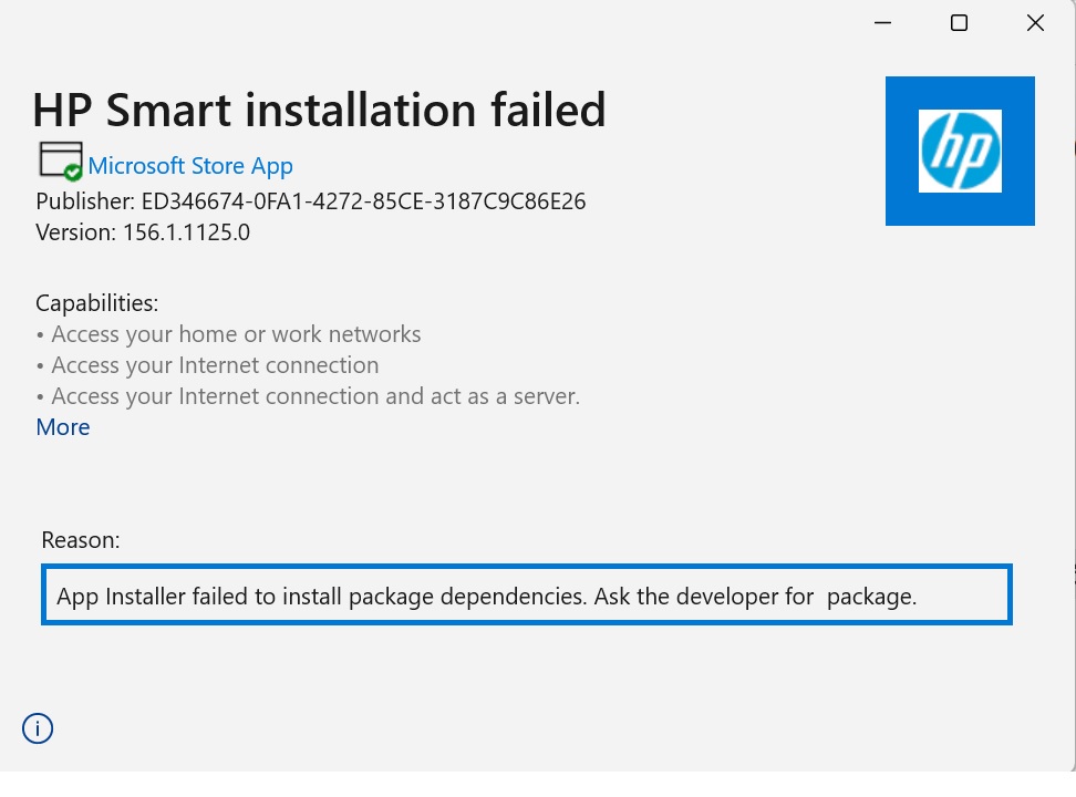 安装HPSMART出错App Installer failed to install package... - 惠普支持社区 - 1322012