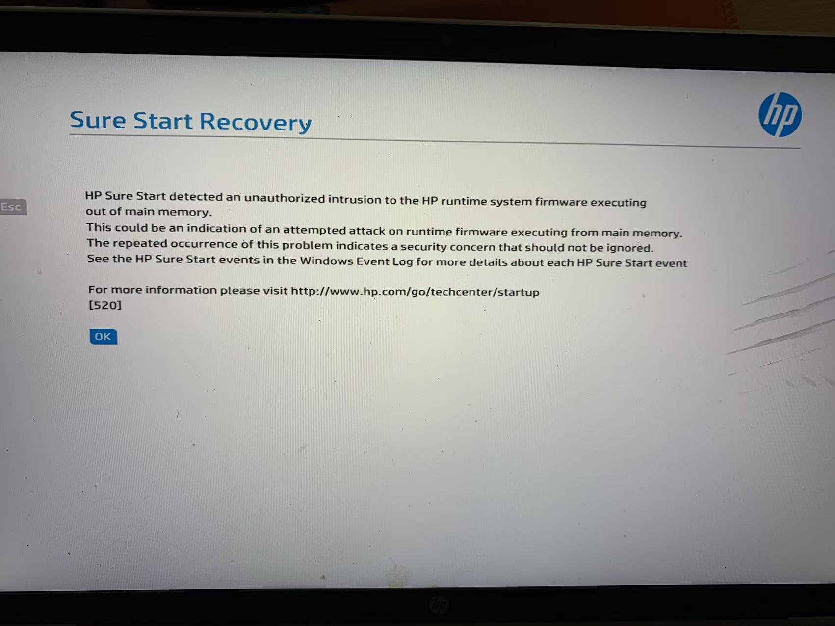 HP Sure Start检测到一个未经授权的入侵，该入侵是从主内存中执行的HP运行时系统固件 - 惠普支持社区 - 1328490